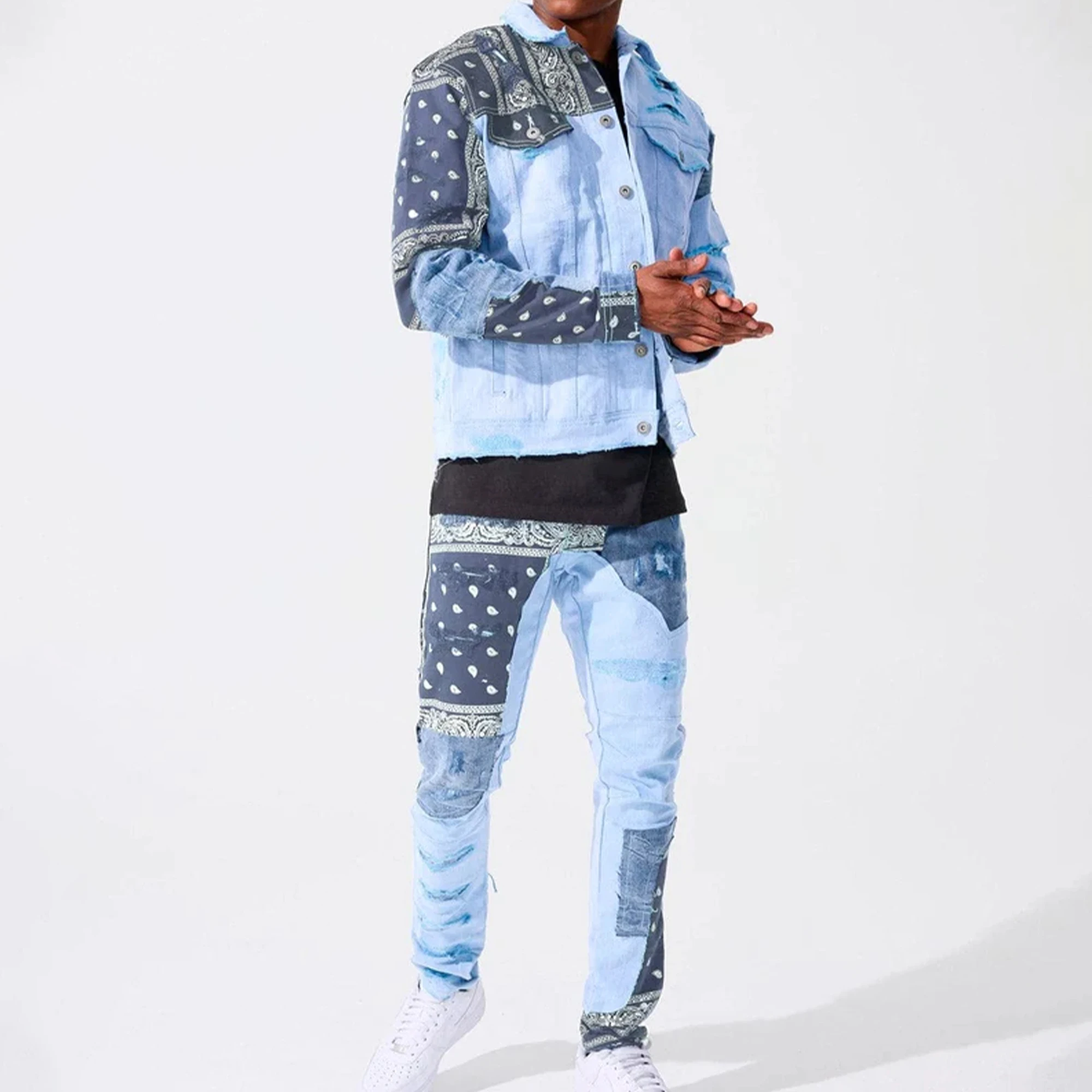 Mingwei Washed Blue Jeans Sets Denim Trucker Jacket Patch Distressed Two Piece Denim Sets Men ...