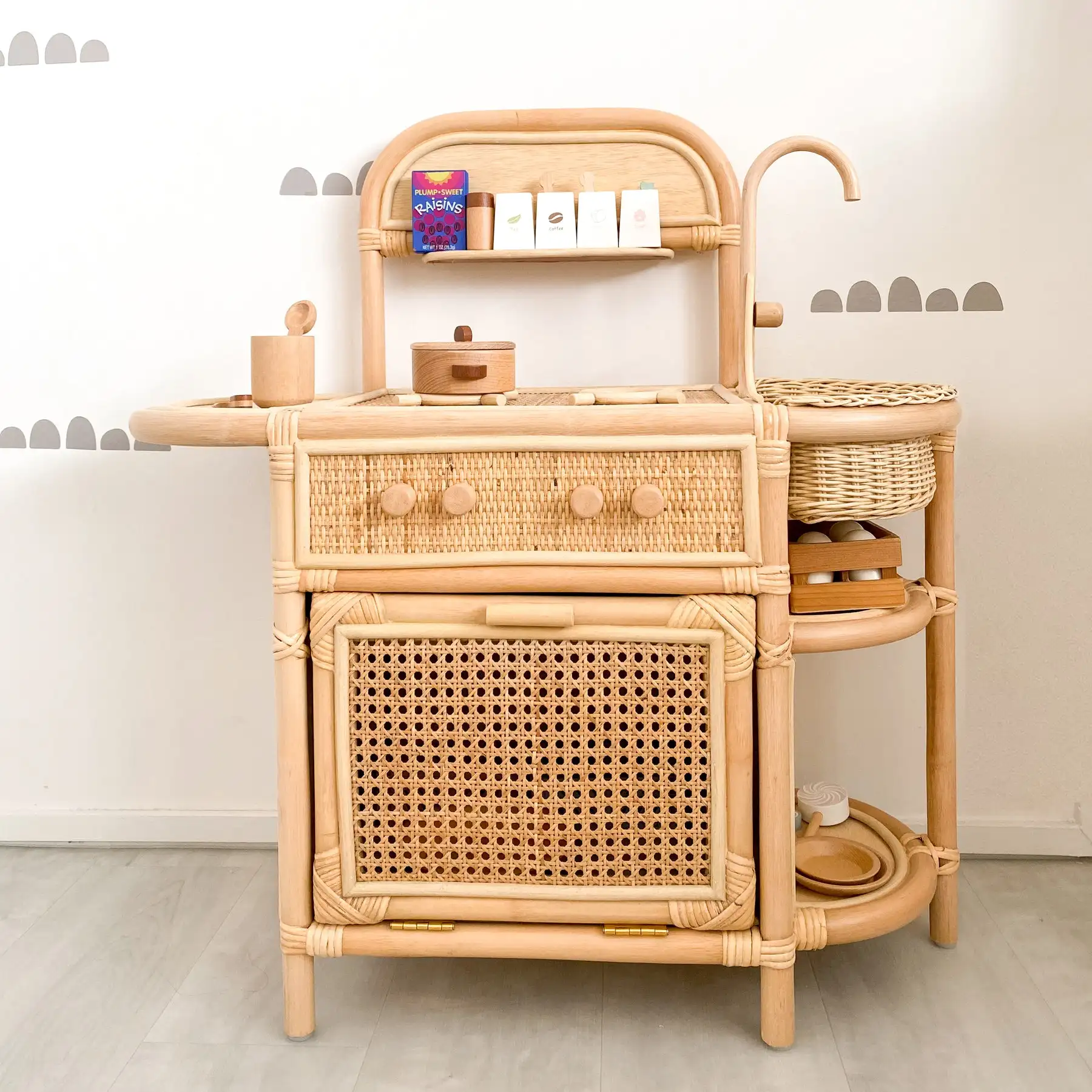 Rattan Kids Toy Kitchen Stove - Eco Friendly Mini Cookset