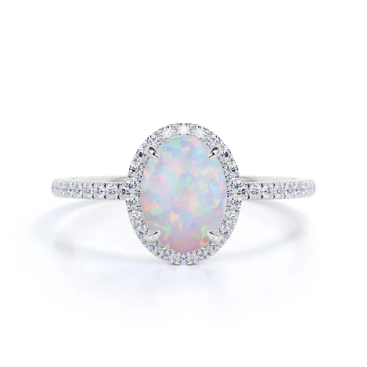 White Fire Opal Engagement Ring Cabochon Oval Stone Rings For Women ...