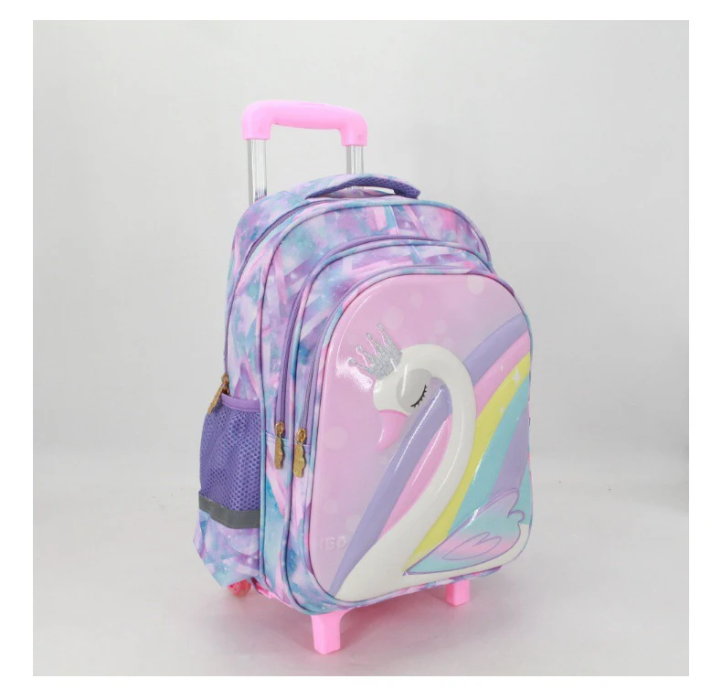 Student Kids Pink White Swan Girl Trolley School Backpack 3 In 1 Kit ...