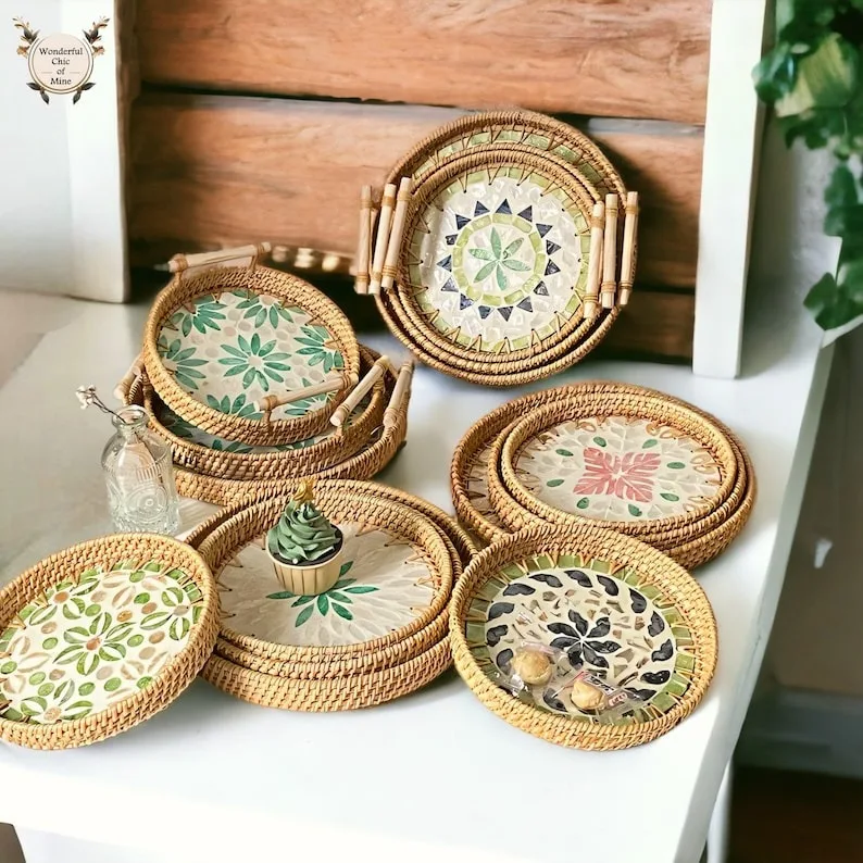 Wholesale Handicraft Round Shell Inlay Rattan Serving Trays