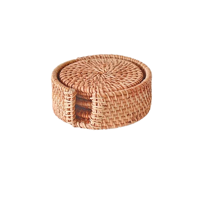 Set of 6 Handmade Boho Rattan Coasters for Drinks Woven Wicker Basket ...