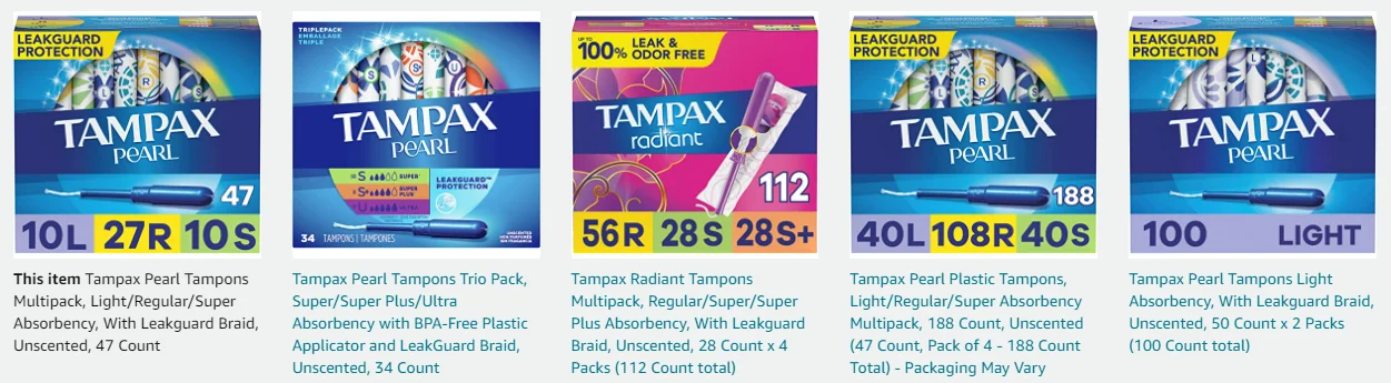 Tampax Pearl Tampons Multipack,Light/regular/super Absorbency,With ...