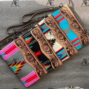 New Stylish Western Aztec Tooled Leather Wristlet Clutch Vintage Brown ...