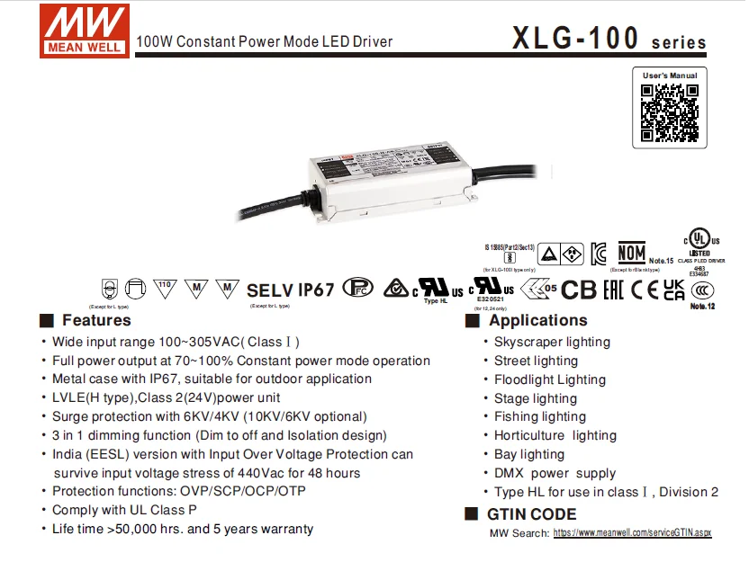 Meanwell XLG Series LED Driver Constant Power Mode Switching Power ...