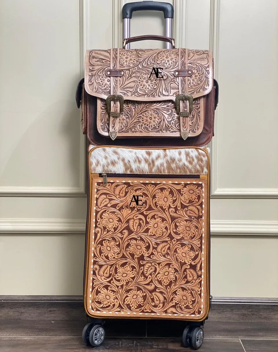 Southwest Stylish Real Cowhide Tooled Leather Suitcase & Floral Hand ...