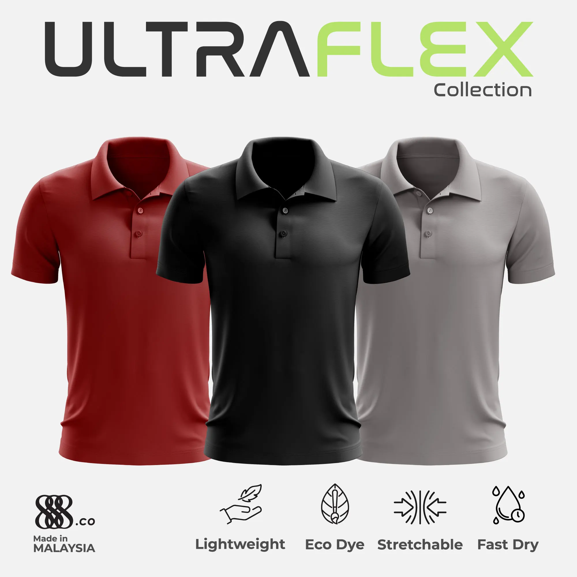 888.co Ultraflex Polo Short Sleeve T Shirt Polyester Spandex Microfiber ...
