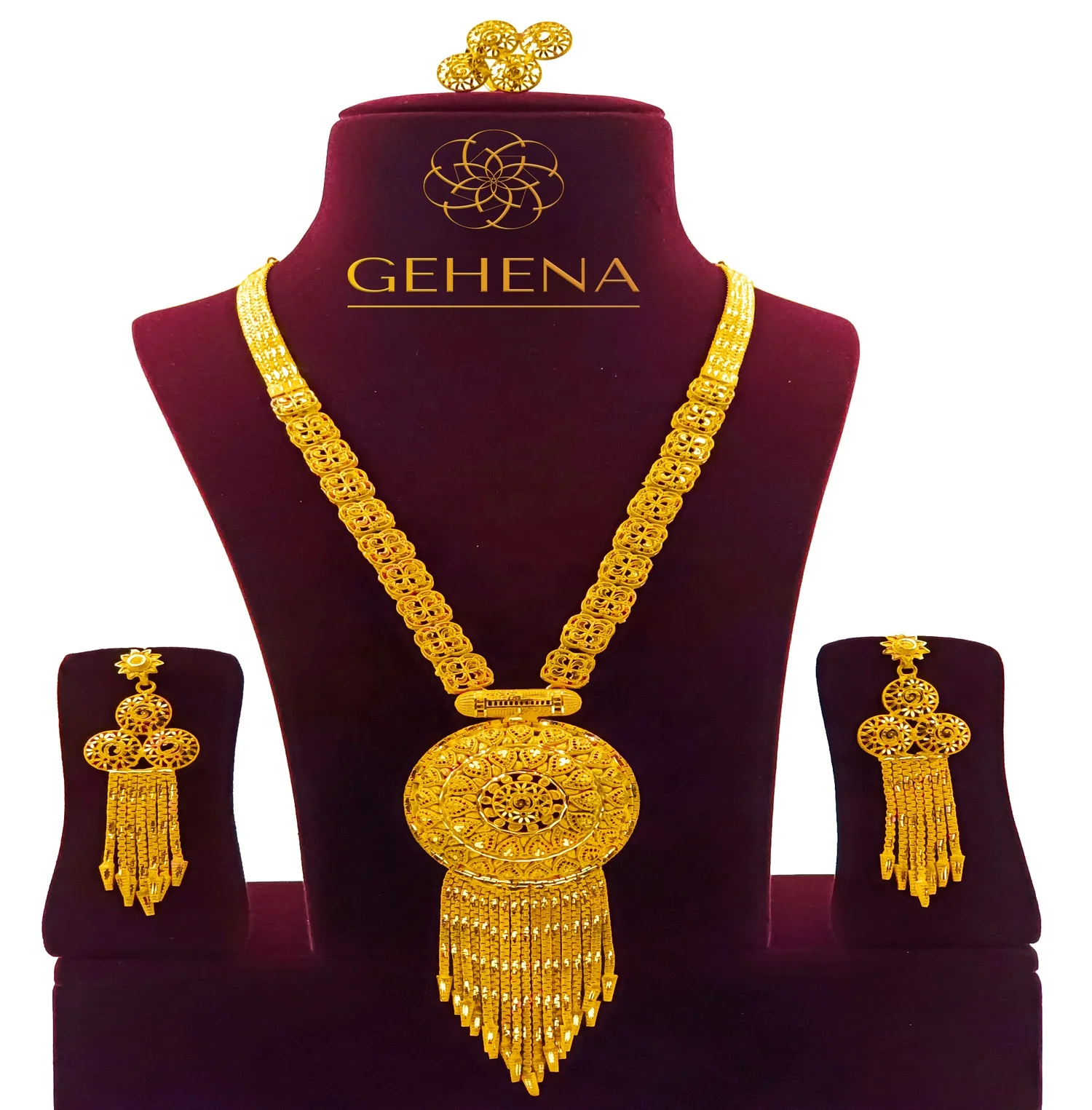 5 gramme 24K Gold Plated Long BIg Pendant Necklace Set Earring & Finger ...