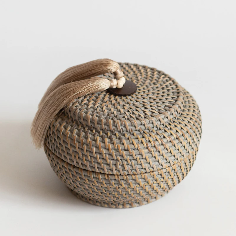 New Arrival Round Rattan Box With Decorated Lid Elegant Woven Rattan ...