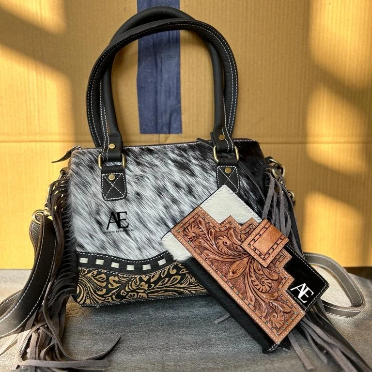 New Real Western Hand Embossed Print Cowhide Fur Leather Handbag Women ...