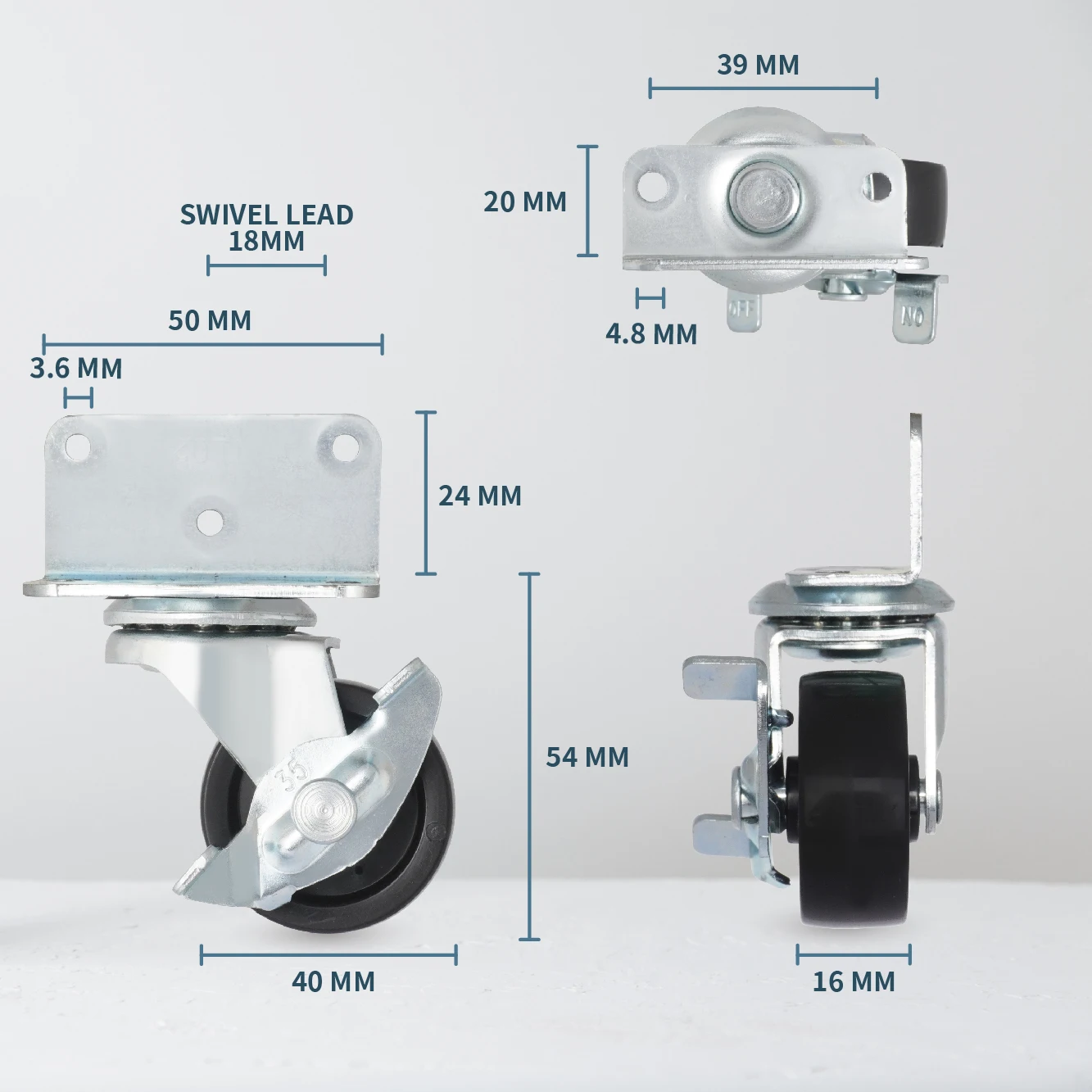 1.5 Inch Side Mount Casters with L Shape Plate - Locking Wheels