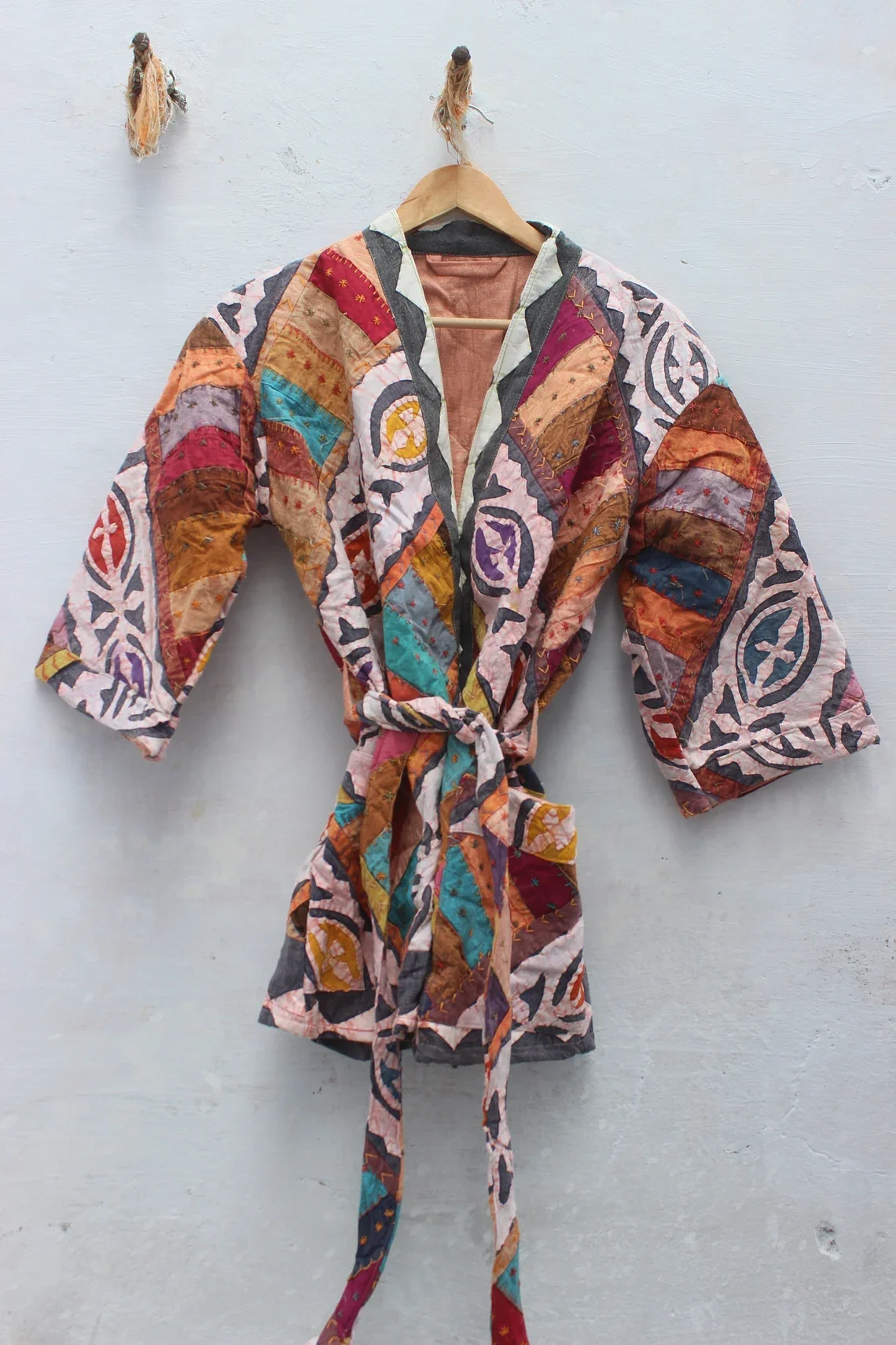 Handmade Cut Work Jacket Multi Patchwork Kantha Robe Womens Long Sleeve ...