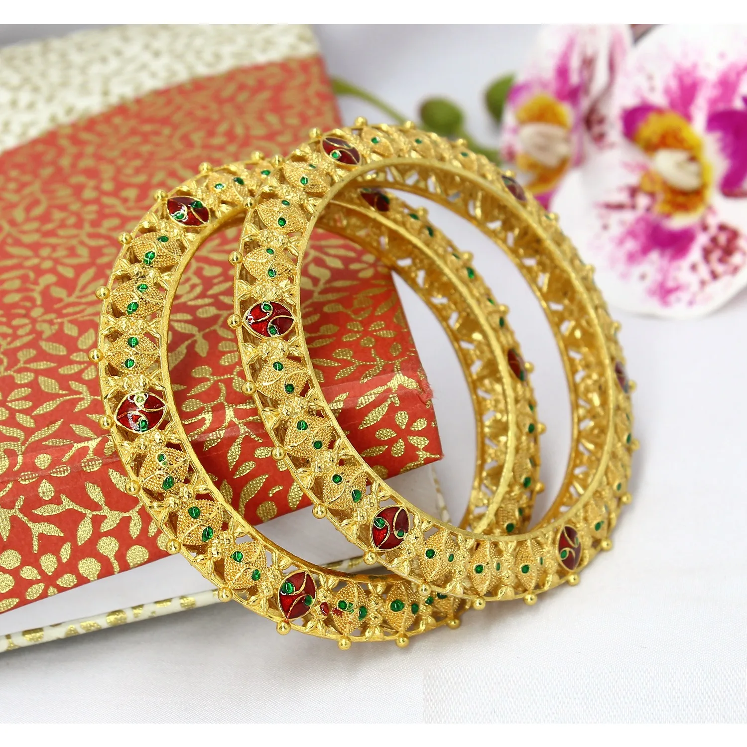 Micro Gold Plated 2pc Trendy Pure Brass Antique Bangles Set Dubai ...