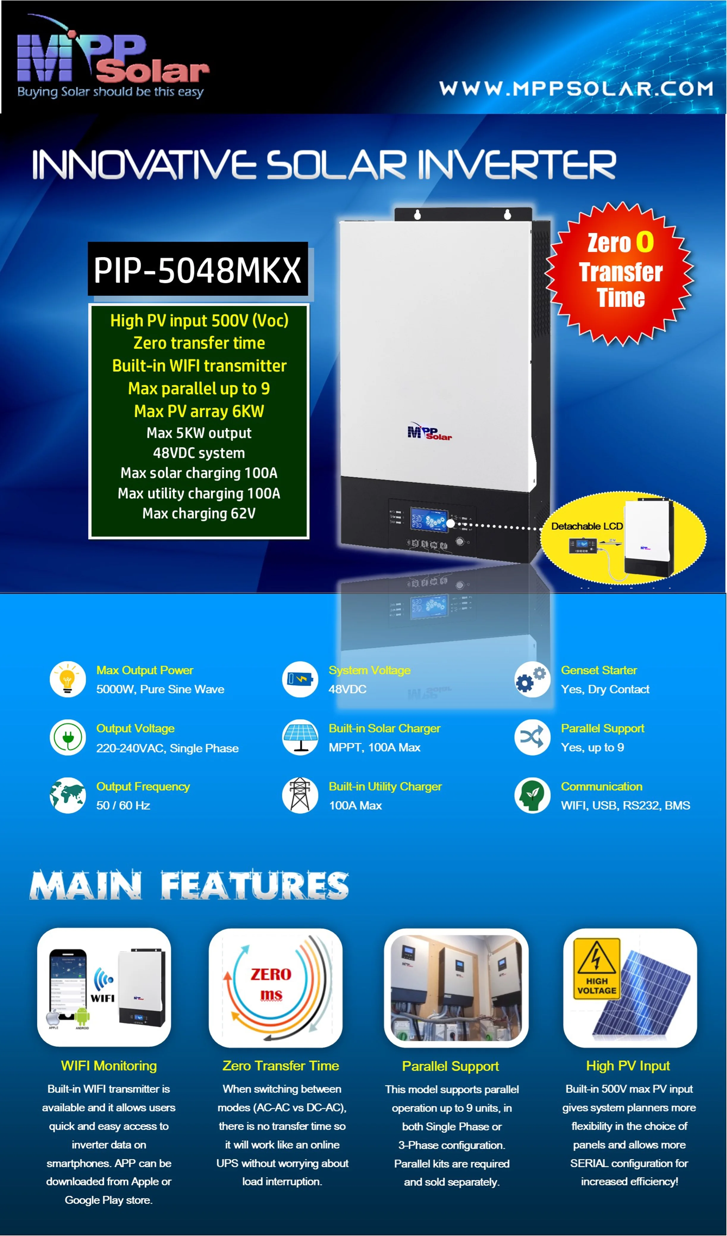 PIP5048MKX*2 + Parallel Kit*2 10kw 48v 230vac MPP Solar Inverter Zero ...