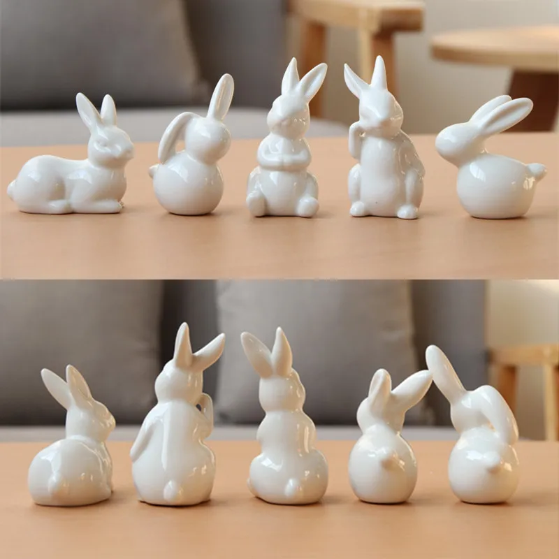 Ceramic Cute Pure White Rabbit Figurines Miniatures Bunny Home ...