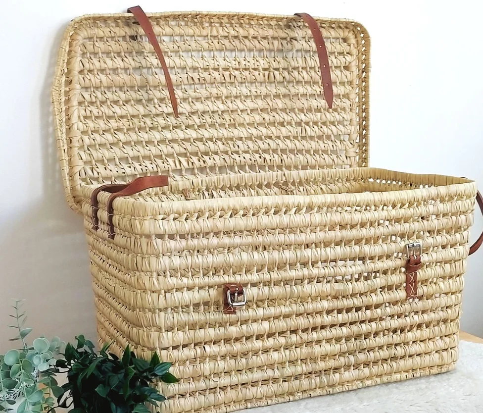 Large Wicker Square Trunk For Storage With Leather Handles Handmade ...
