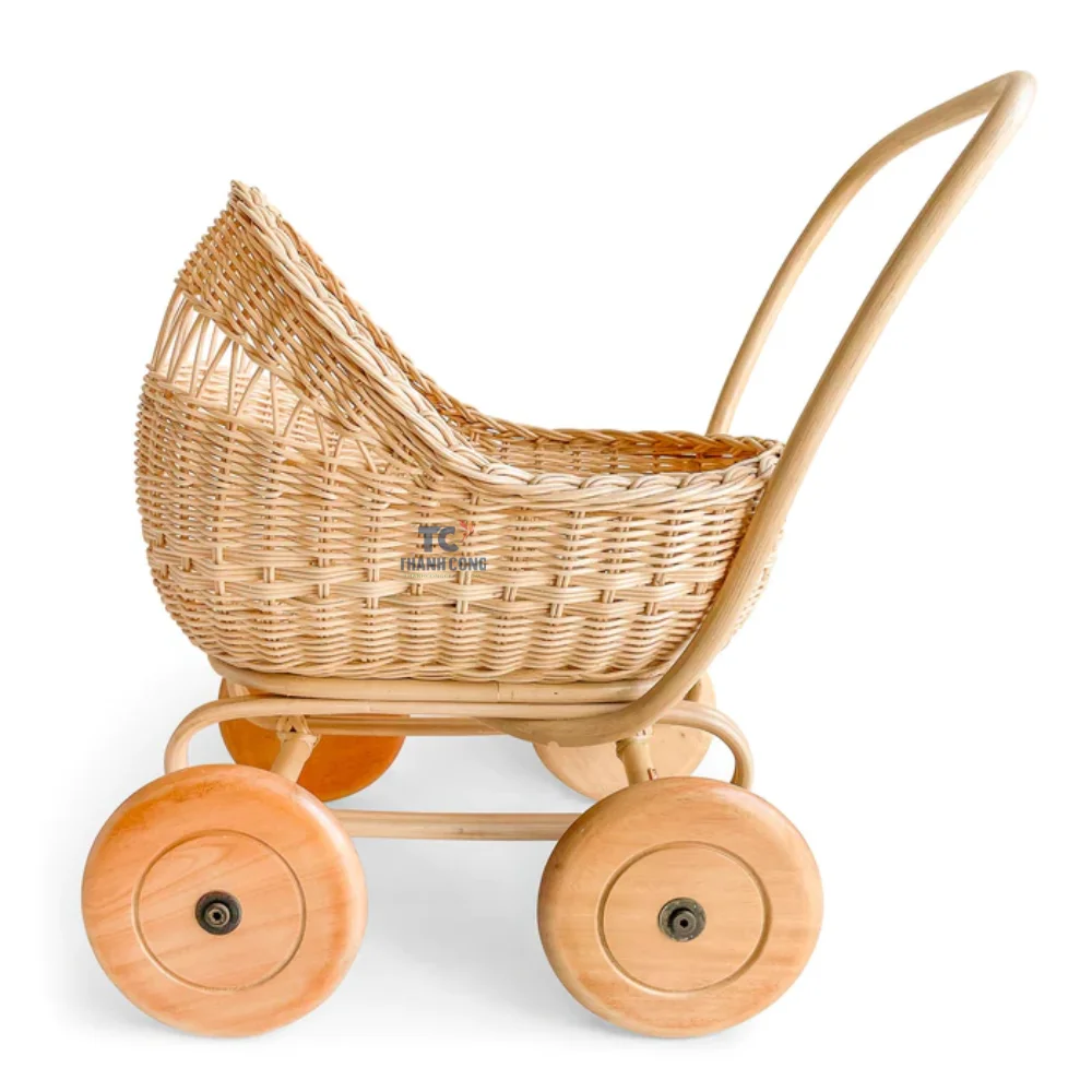 Rattan Dolls Pram with Wooden Wheels - Perfect for Strollers