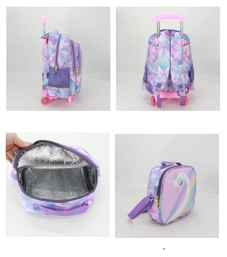 Student Kids Pink White Swan Girl Trolley School Backpack 3 In 1 Kit ...
