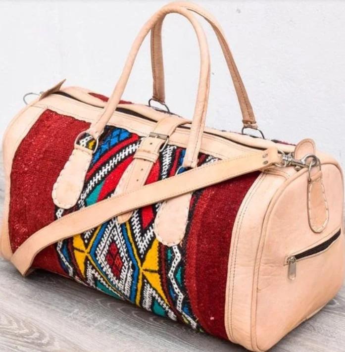 Kilim Leather Shoulder Travel Bag - Handmade Moroccan Bags