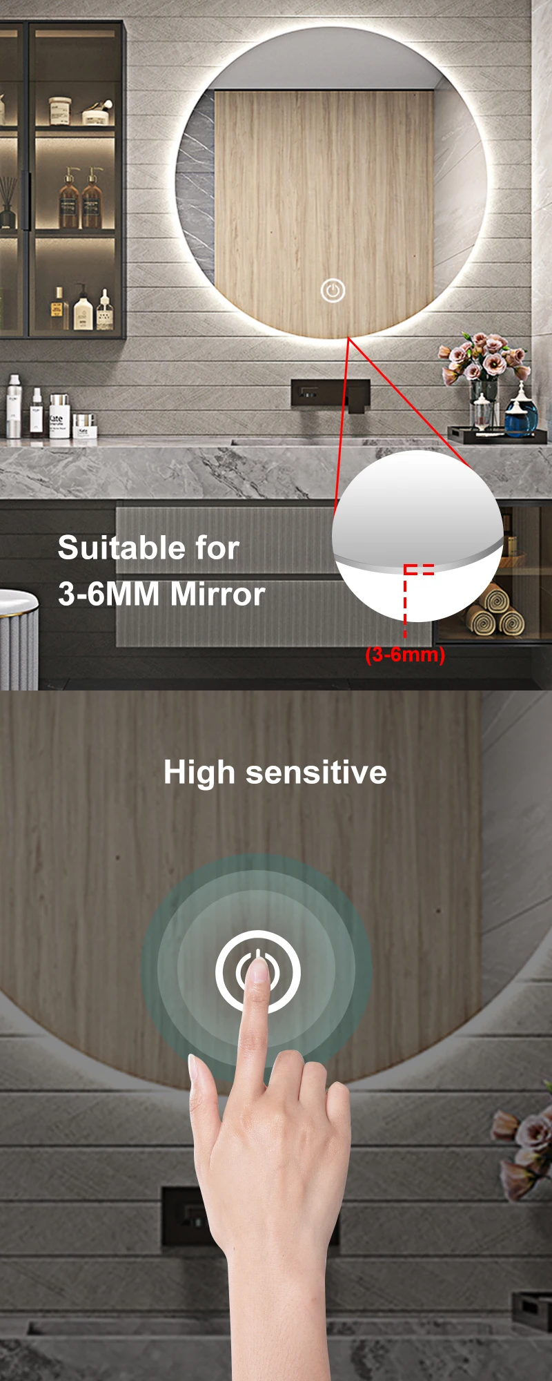 GTS-1W LED Touch Sensor Control Switch for Bathroom Mirrors