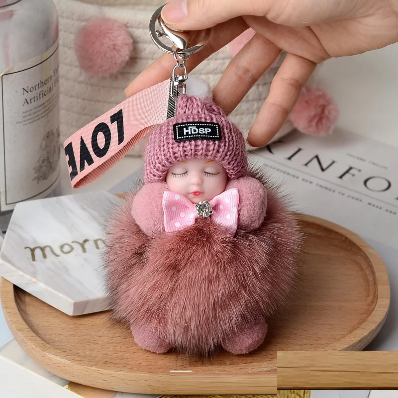 Cute Sleeping Baby Doll Keychain - Fluffy Rabbit Fur Ball