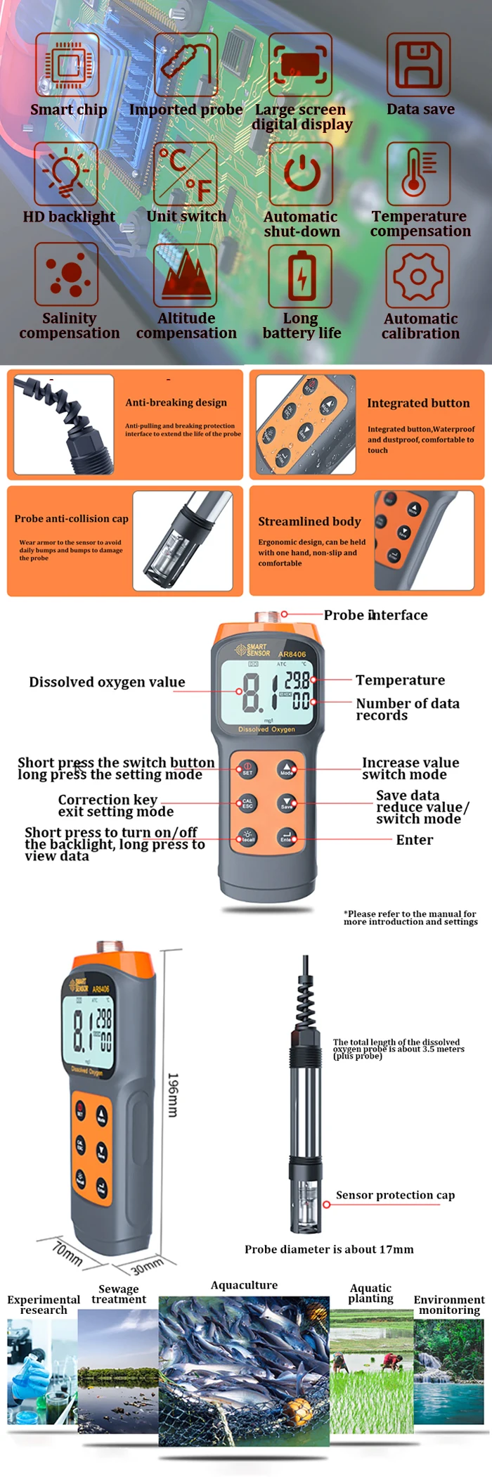 Smart Sensor AR8406 - Precision DO Analyzer for Water Quality