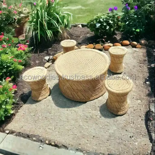 Handmade Eco-friendly Bamboo Cane Ottoman Stool Set With Table ...