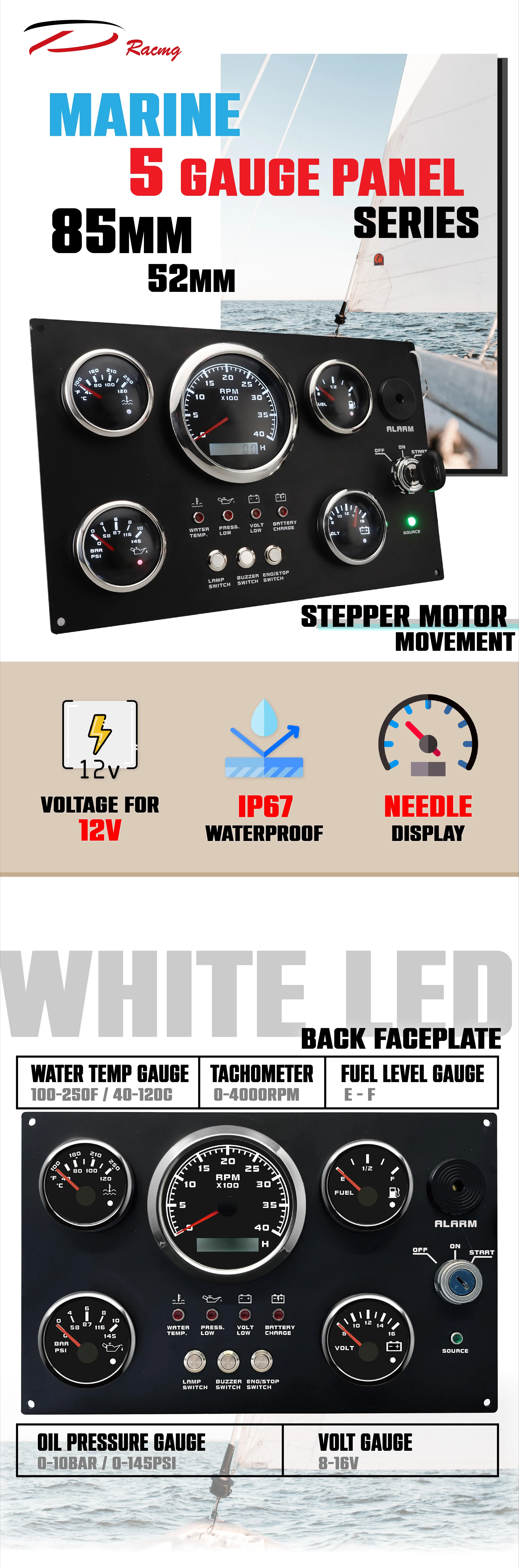 85mm Engine Instrument Gauge Meter Panel 5 Gauges Panel Set Black ...