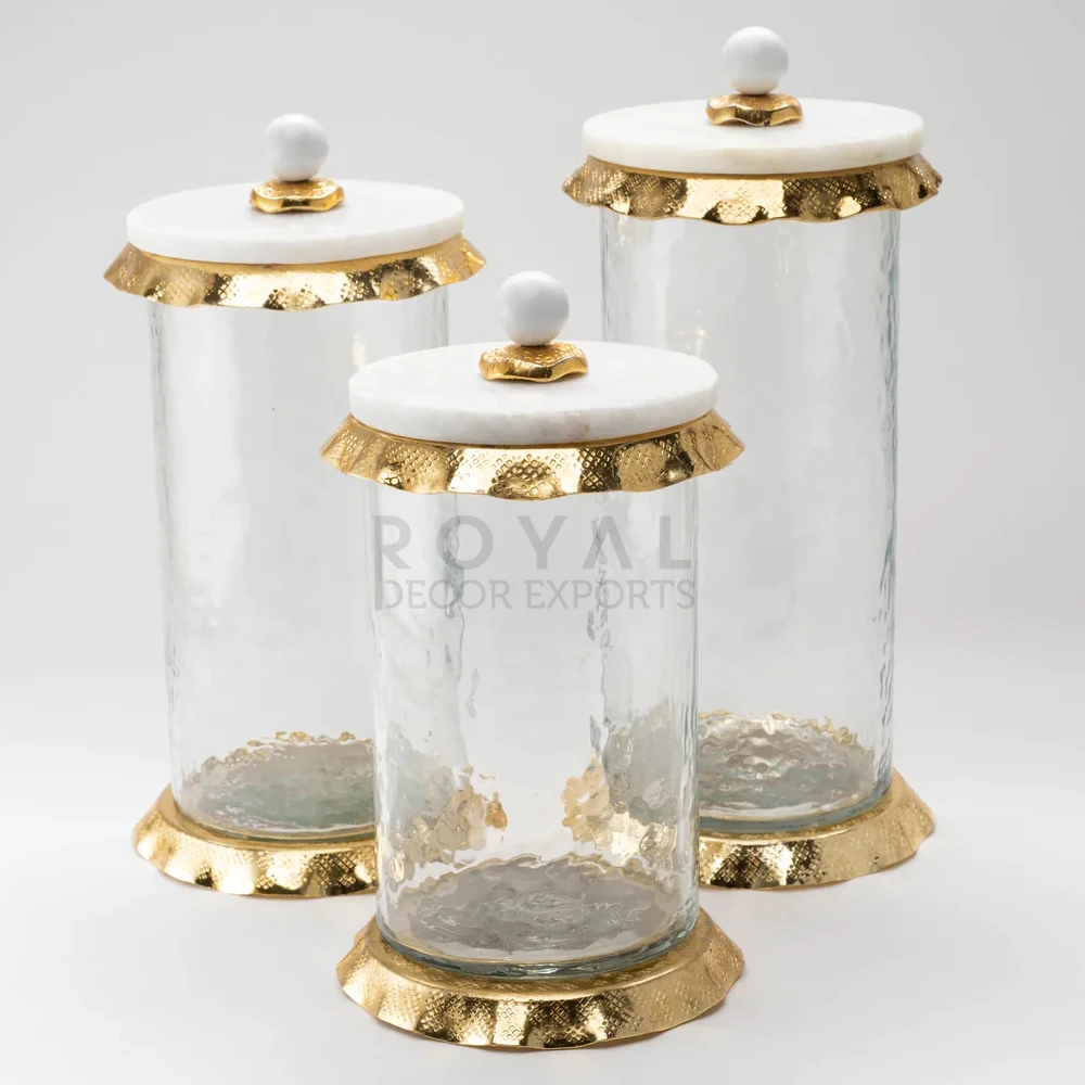 Round Glass Jar With Marble Lid Food Storage & Container Gold And ...