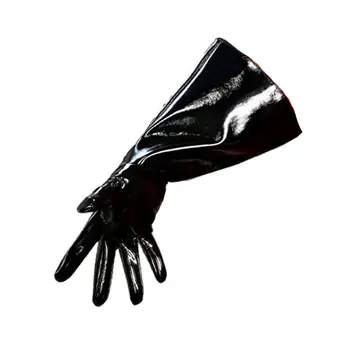 Black Super Long Leather Gloves For Women Faux Patent Pu Sexy Opera ...