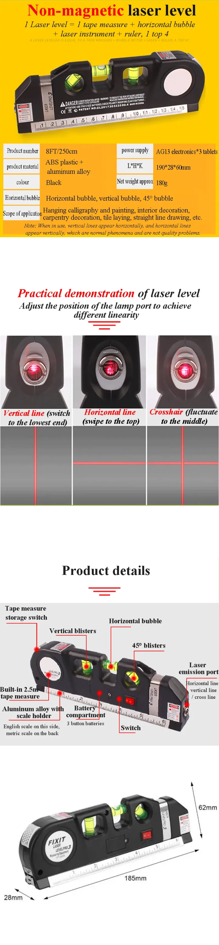 8ft Cross Line Measurement Ruler Leveling Laser Level Pro 3 Tools