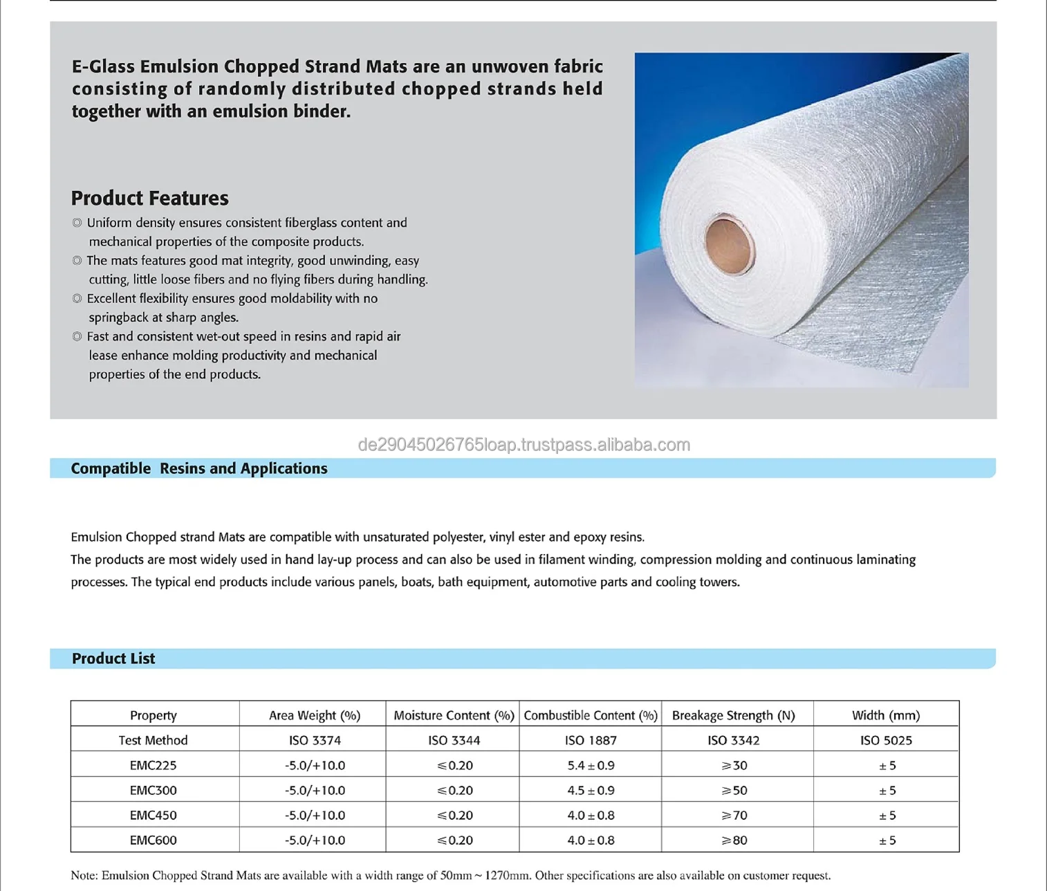 Reinforced E-glass Fiberglass Chopped Strand Mat Roll 100 225 300 450 Fiberglass Mat Fiberglass ...