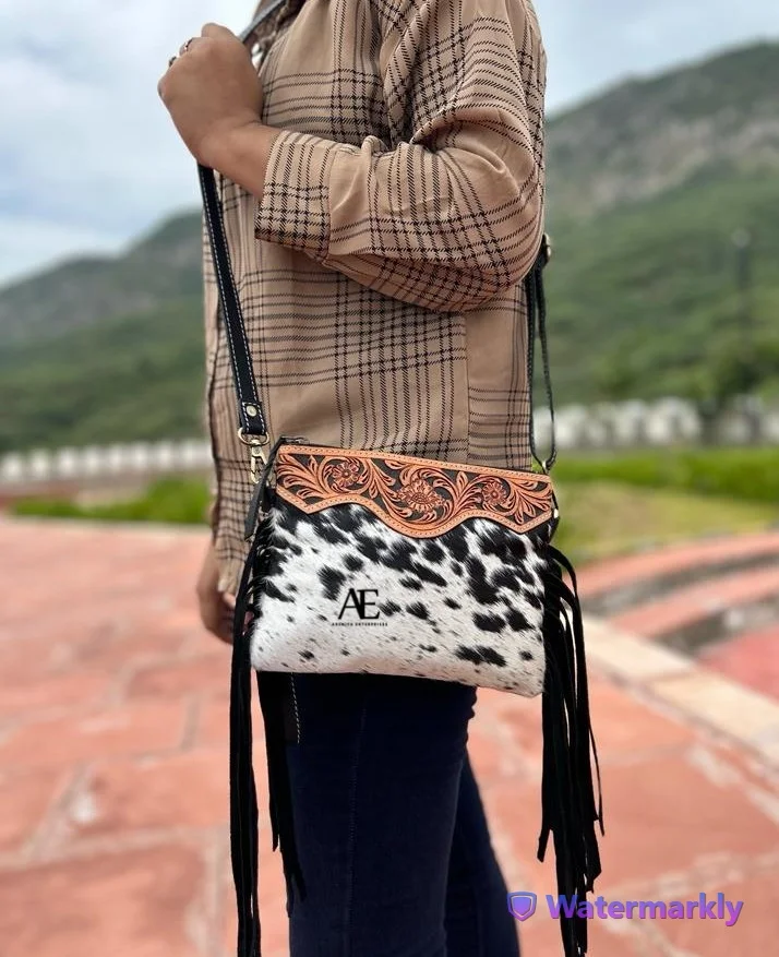 Hand Tooled Hair On Hide Fur Leather Fringe Handbag Stylish Women ...
