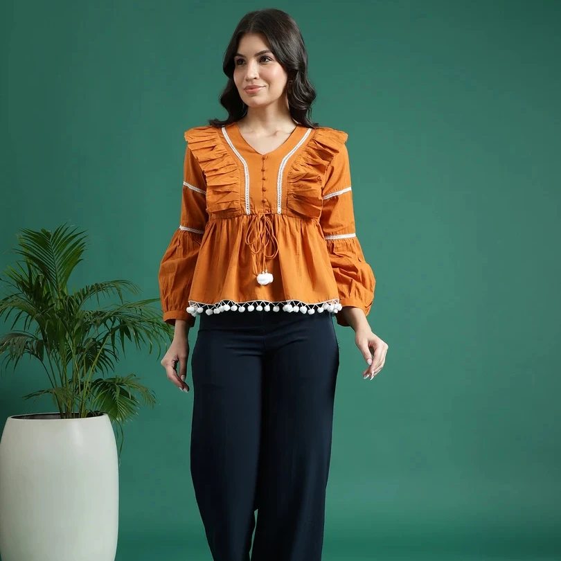 Trendy Mustard Color Top 2024 New Office Lady V Neck Floral S Printed ...