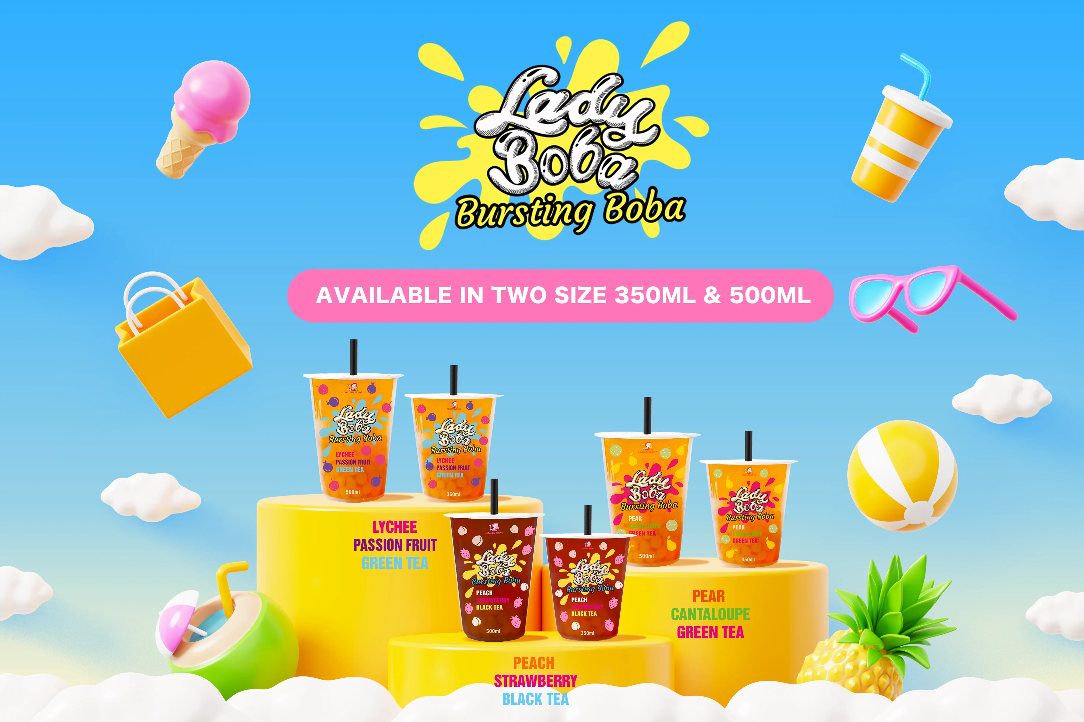 500ml Cantaloupe + Pear Bursting Boba Bubble Tea by Madam Hong