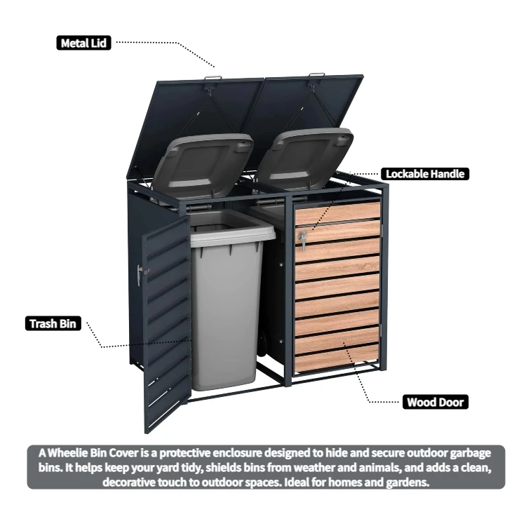 Garden Double Wheelie Bin Hideaway Metal&Wood Secure Waste Bin Storage ...