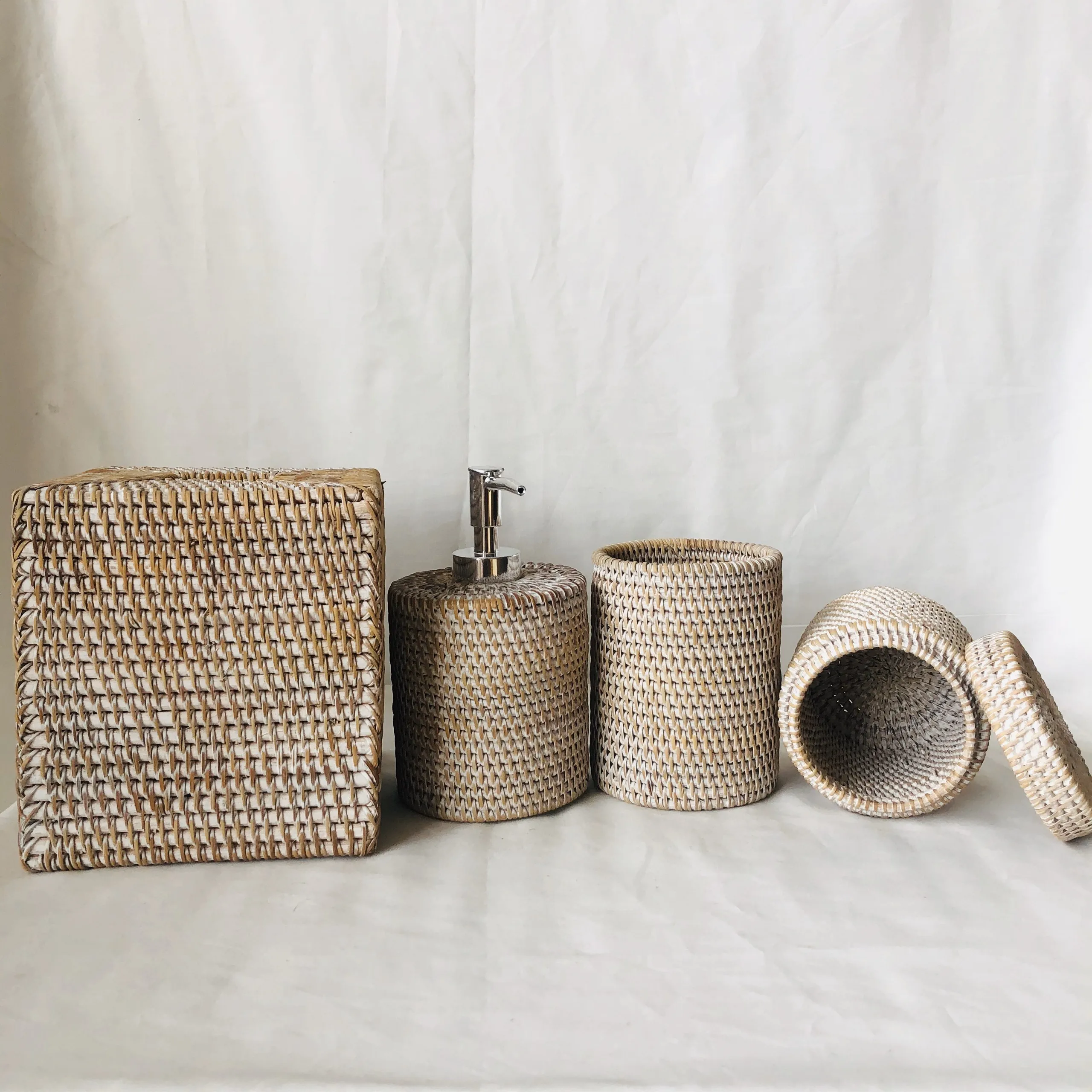 Antique Vintage Handwoven Rattan Wicker Bathroom Set