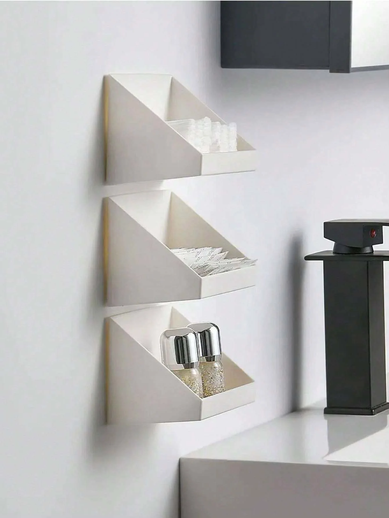 White Plastic Floating Wall Shelf Punch-free Cosmetic Storage Bin ...