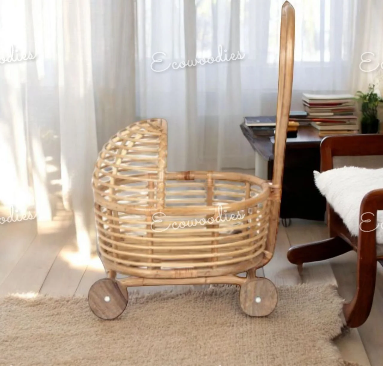 Natural Wicker Doll Pram - Eco-Friendly Toy Stroller