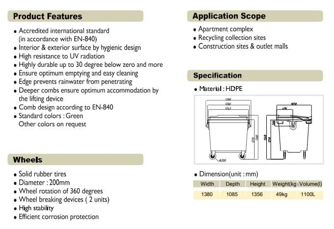 Garbage Container Waste Bins Solid Plastic Mobile Garbage Binbin Large ...