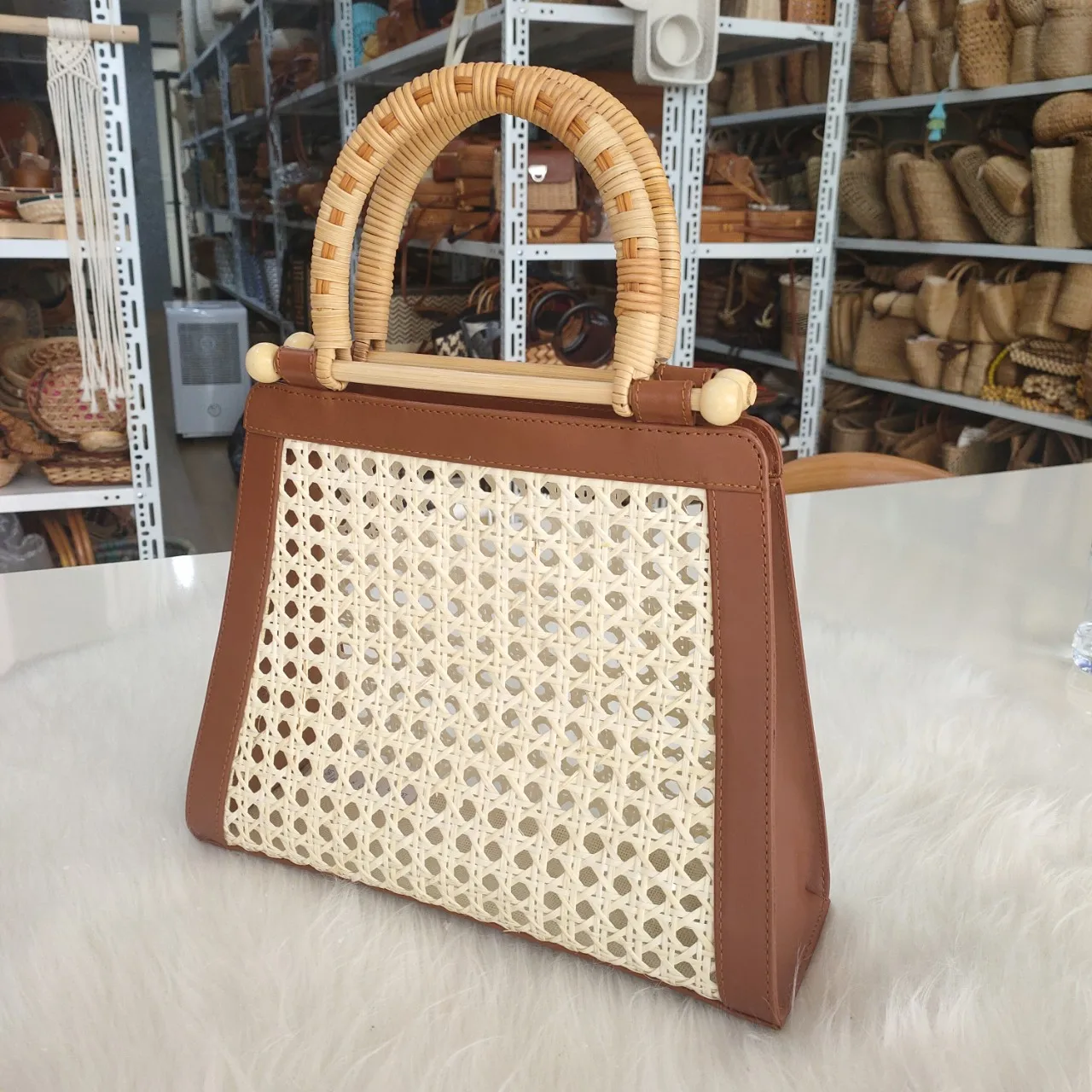 Handwoven Cane Rattan Vintage Tote Bag with Leather Two Handles Casual ...