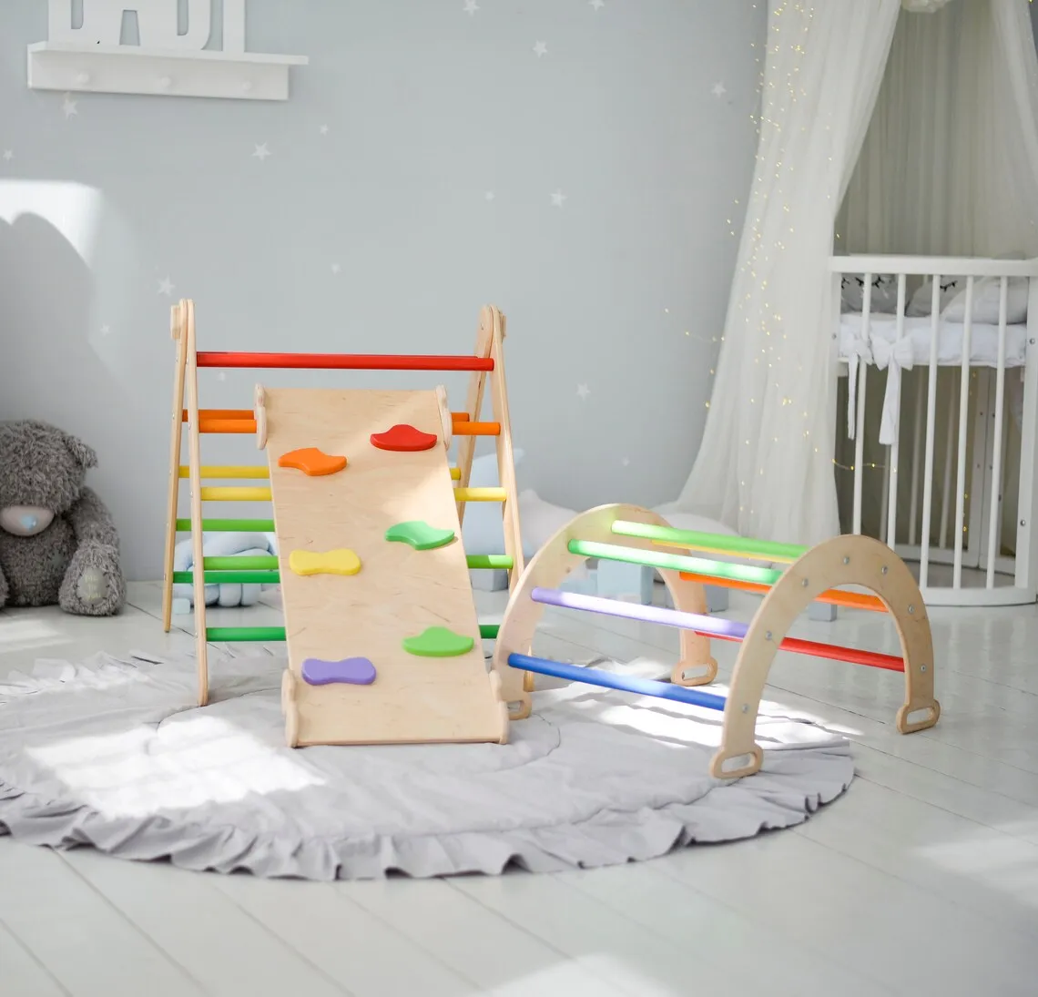 Adjustable Montessori Wooden Triangle Pickler Climbing Arch And Slid ...