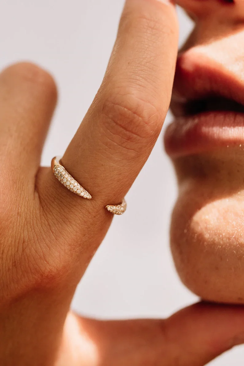 18k Real Gold Stackable Open Claw Micro Pave Natural Diamond Ring Rings ...