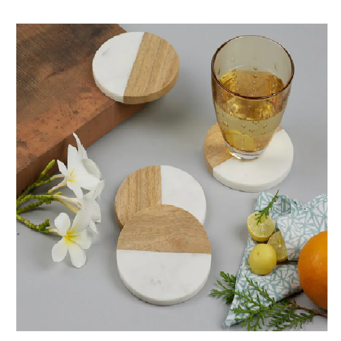 Round Shape White Marble and Wood Tea Coaster Set Manufacturer High ...
