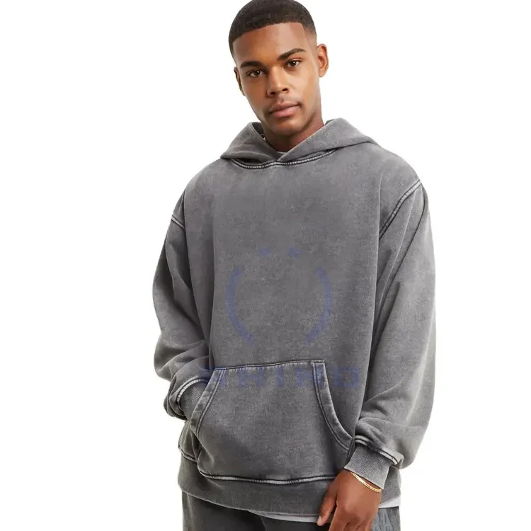 Oversized Acid Wash Black Hoodie Street Washed Men Custom Logo Loose ...