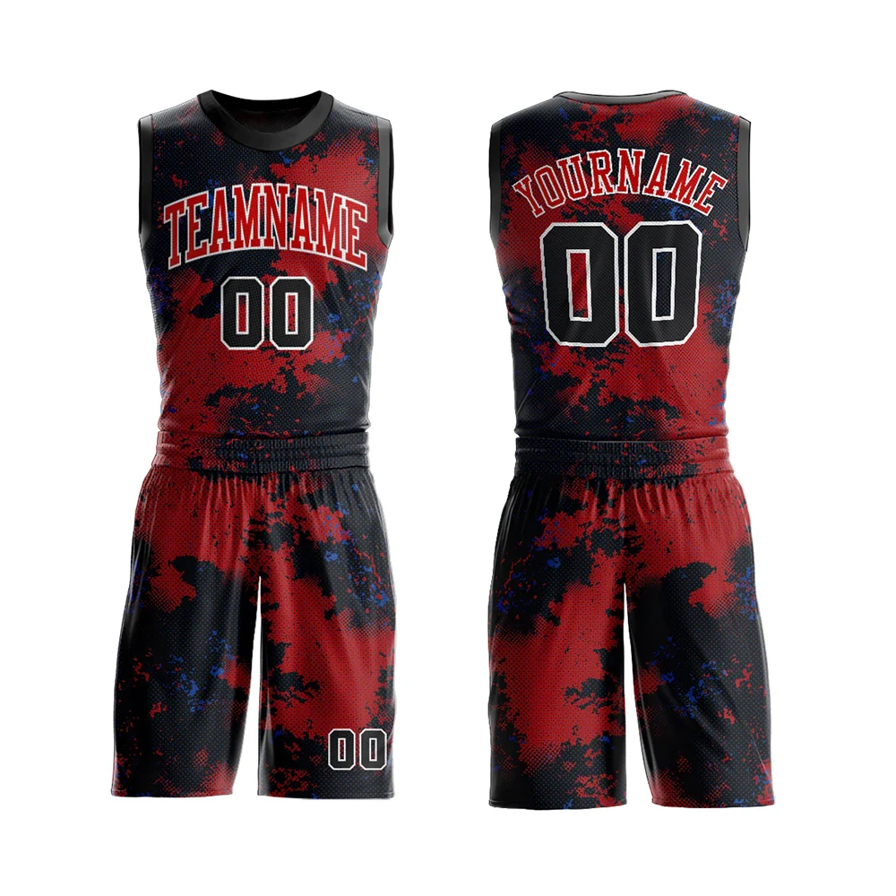 Customized Team Name Sublimation Basketball Uniform Red and Black Color ...