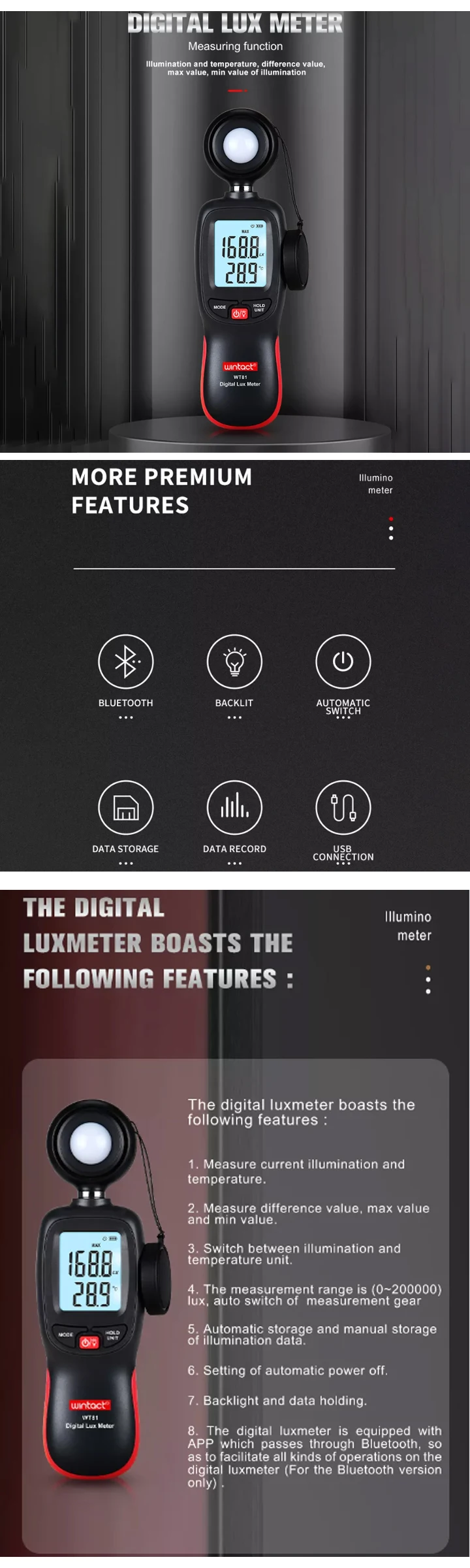 Wintact WT81B Handheld Light Measuring Instrument Digital Lux Meter ...