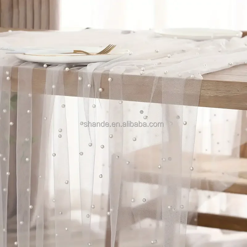 Modern White Pearl Mesh Wedding Tablecloth Square Embroidered Floral ...