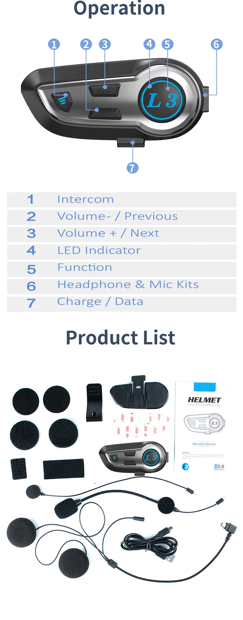 OEM L3 Waterproof Motor Helmet Walkie Talkie Ski Intercom