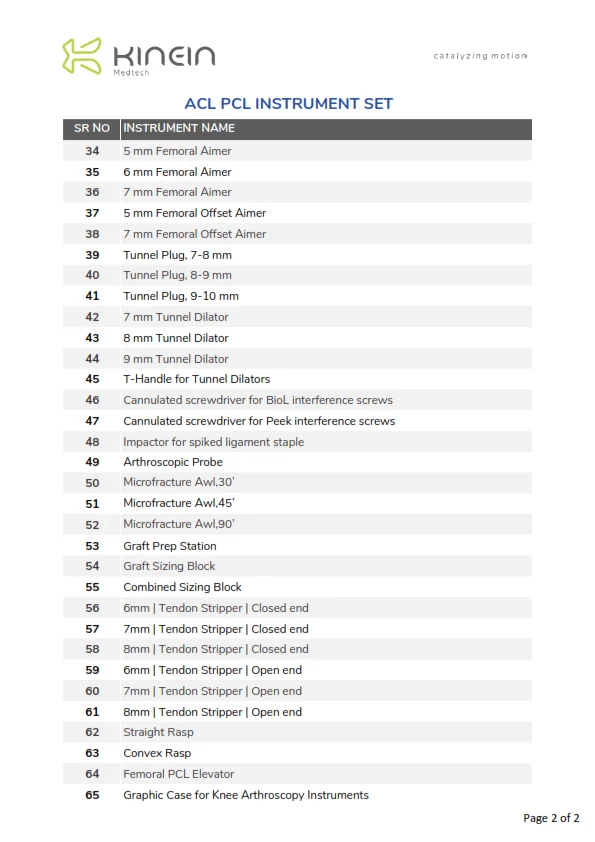 Aluminium ACL PCL Instrument Set for Knee Arthroscopy